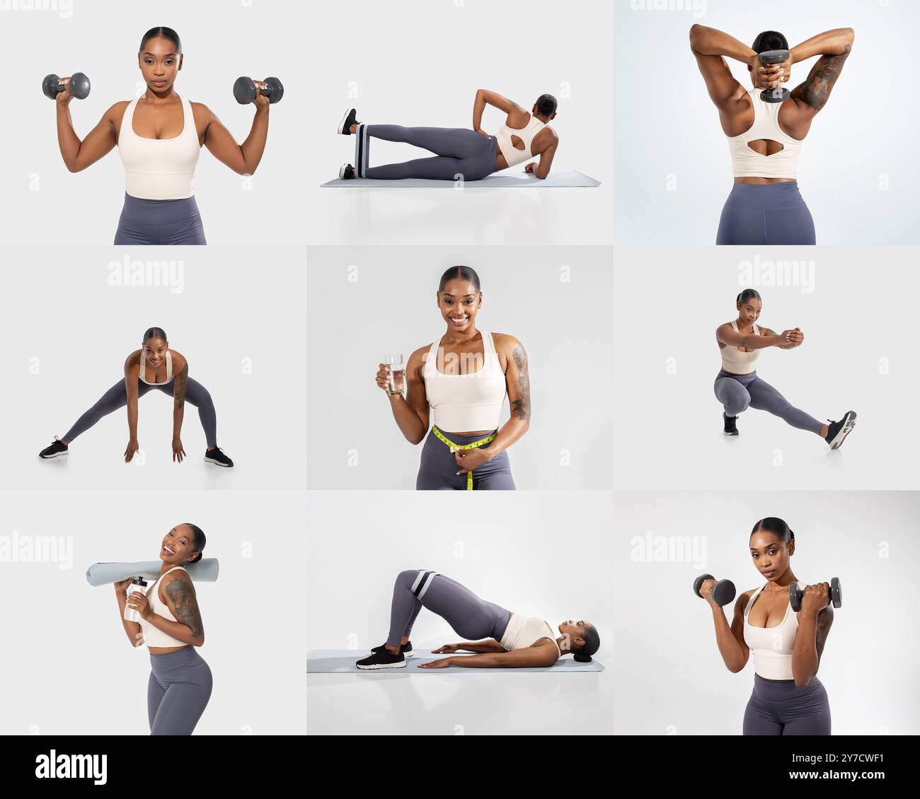 A woman demonstrating various workout exercises in a minimalist gym ...