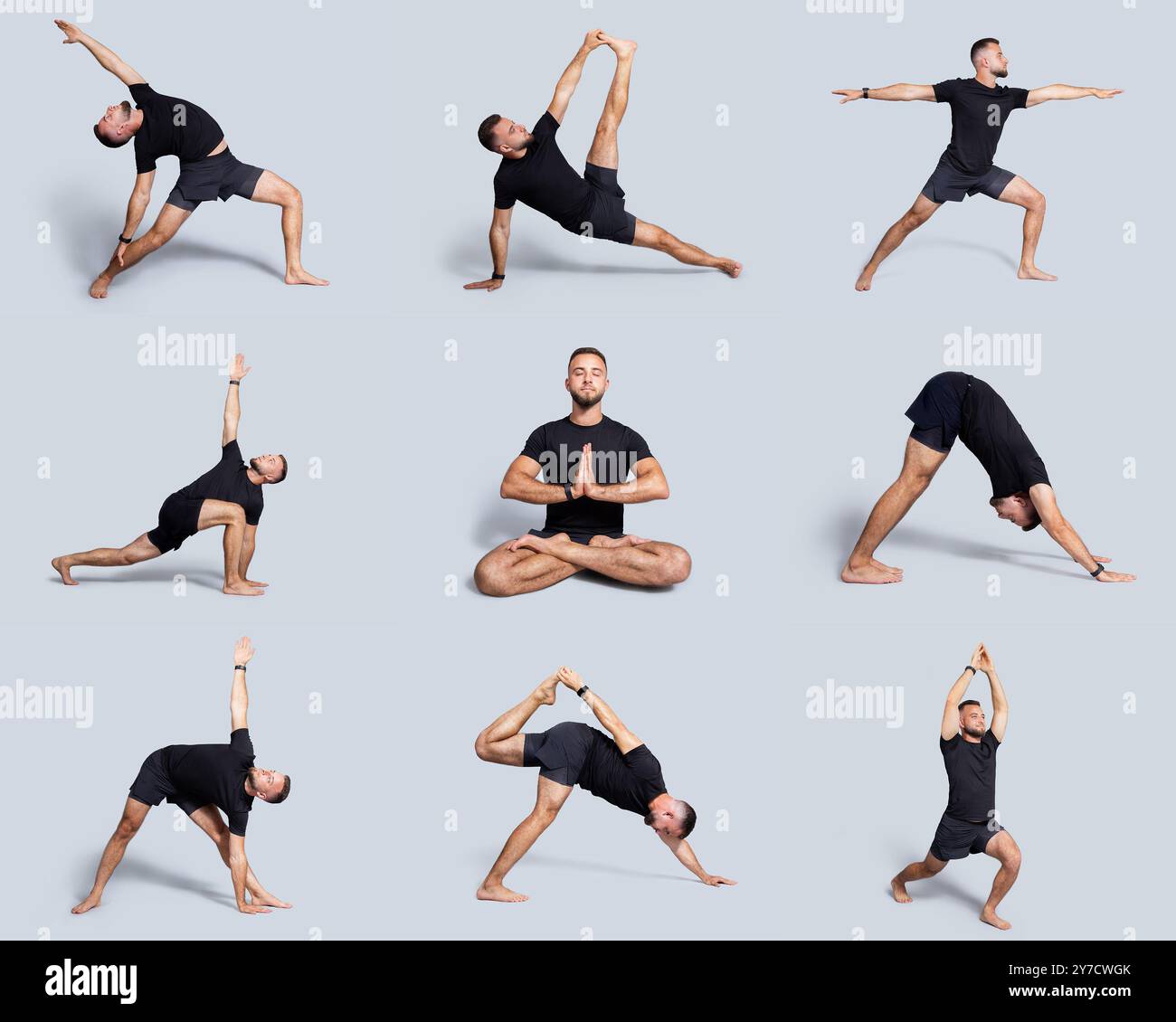 A variety of yoga poses demonstrated by a man on a light background ...