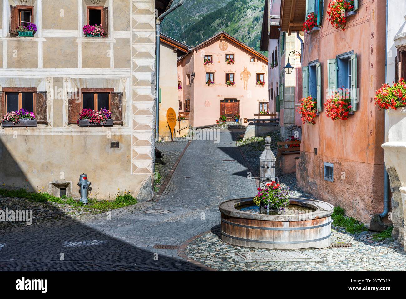 Fountain in the Village of Guarda, Protected Heritage Site, Grisons ...