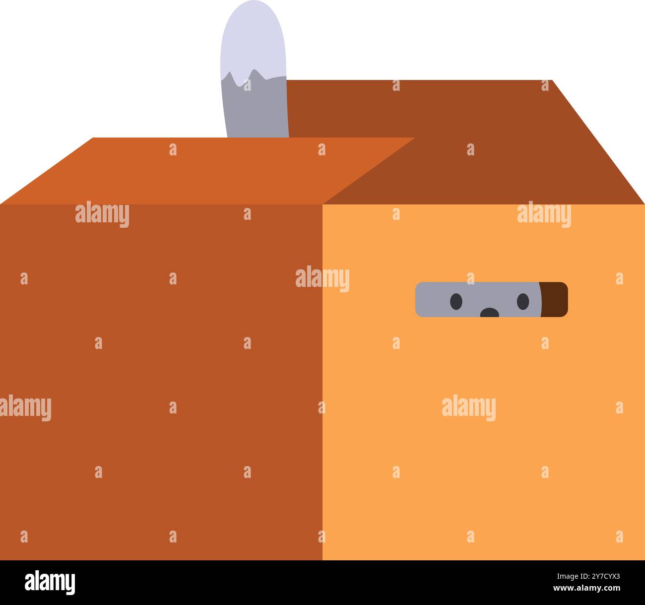Cartoon cat is peeking out of a small hole in a cardboard box with its ...