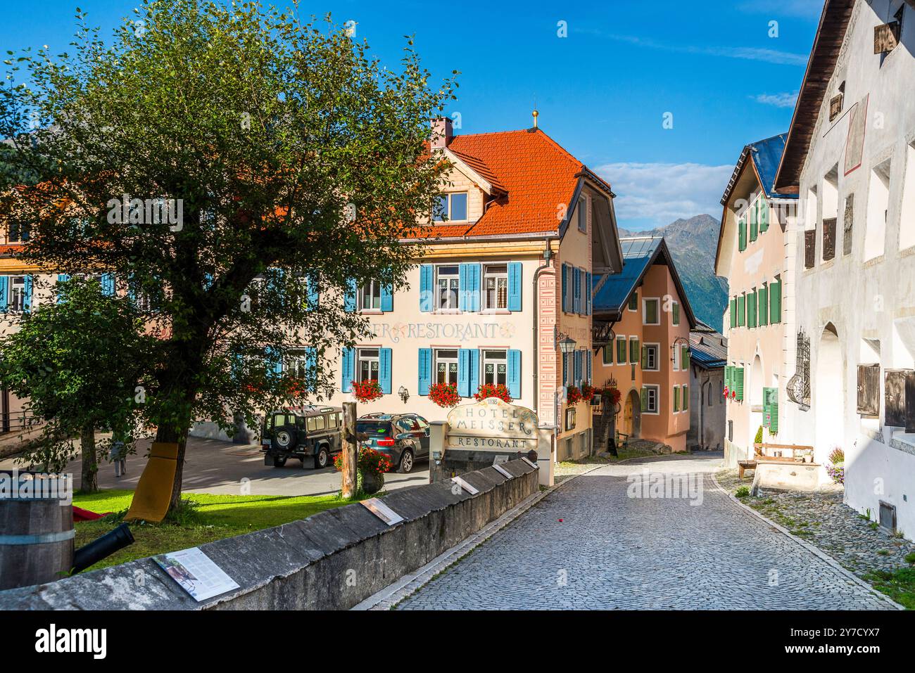 Street in the Village of Guarda, Protected Heritage Site, Grisons ...