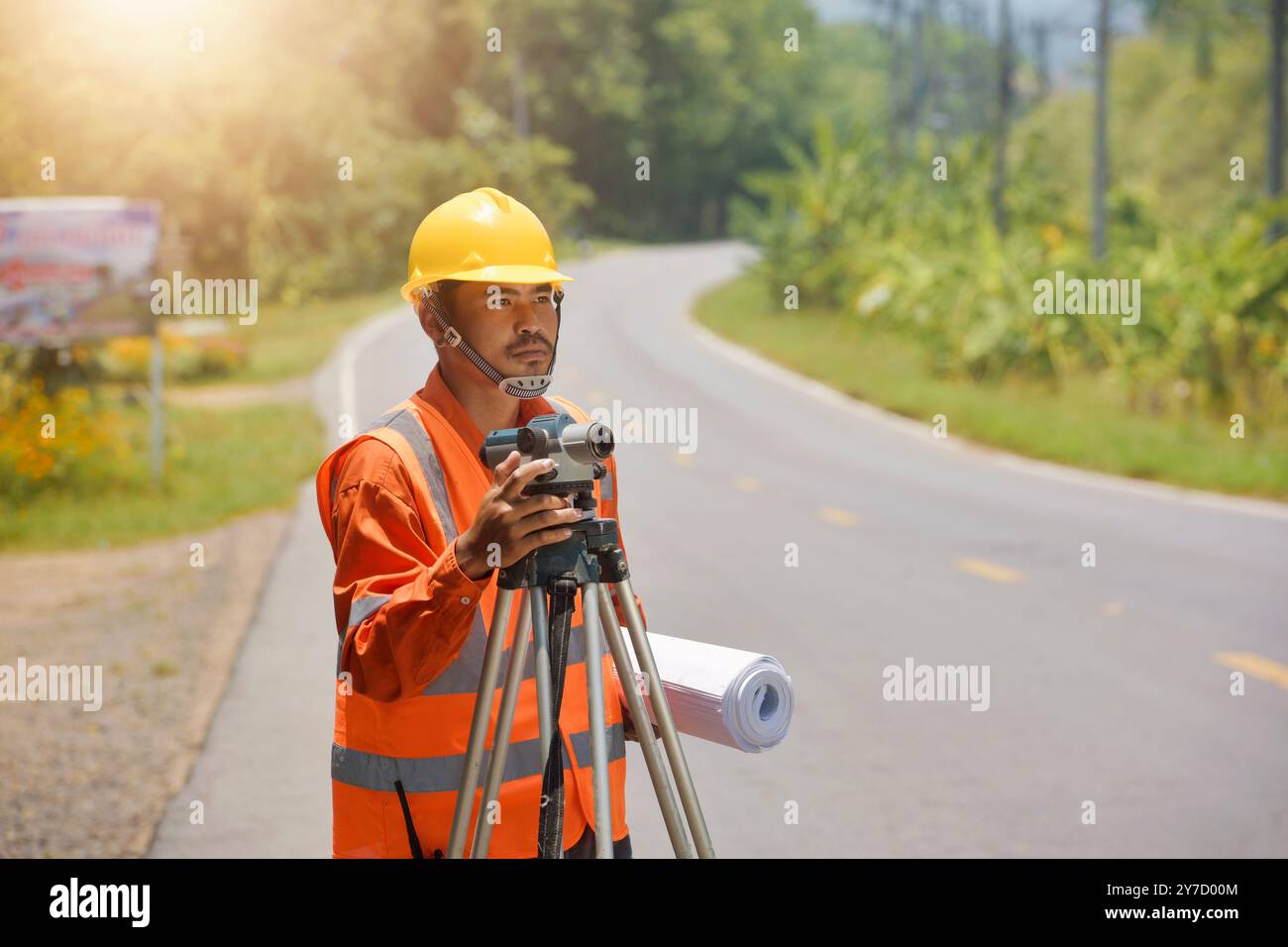 Road construction worker on job,Portrait of male engineer with hardhat ...