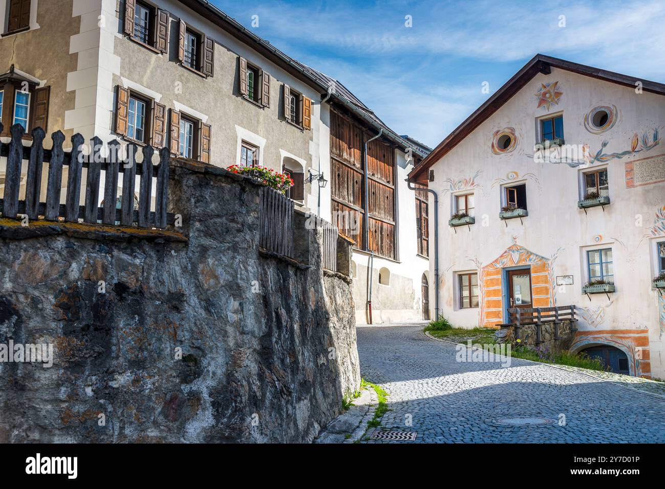Street in the Village of Guarda, Protected Heritage Site, Grisons ...