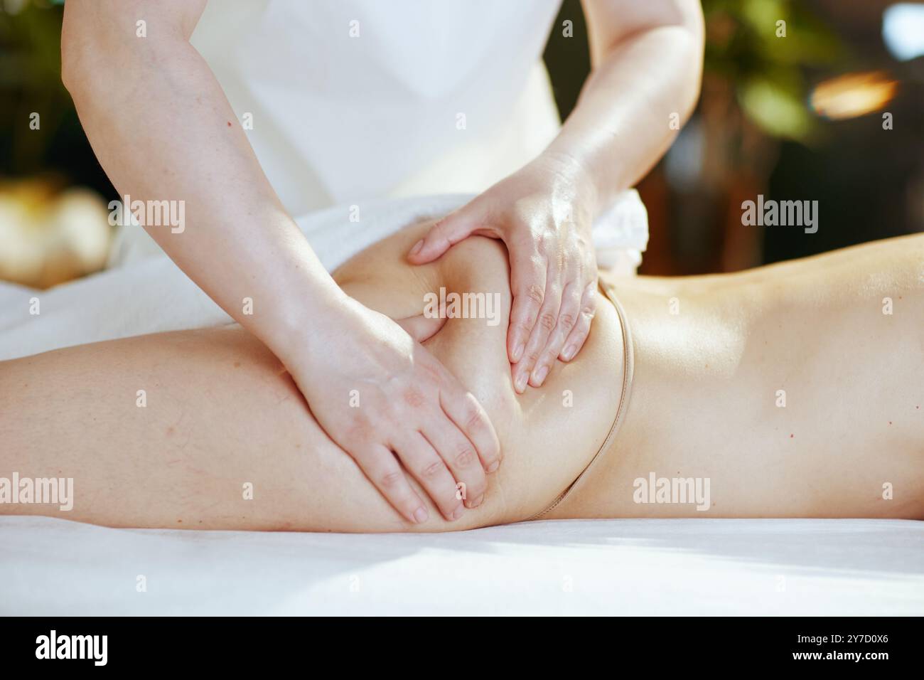 Healthcare time. Closeup on medical massage therapist in spa salon massaging clients buttocks ...