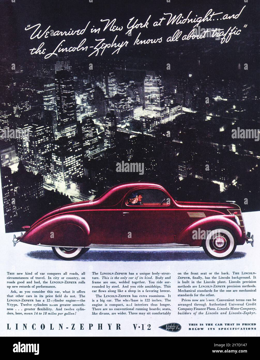 1937 Lincoln-Zephyr V-12 Car Ad - "We arrived in New York at midnight ...