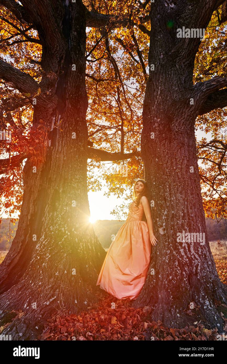 Portrait of a beautiful young woman by huge oak trees in the autumn ...