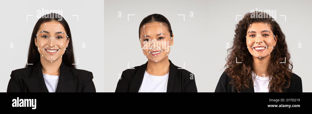 Three women smiling in professional attire with facial recognition ...