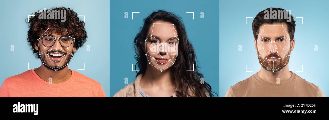 Diverse group of young adults with facial recognition technology on ...