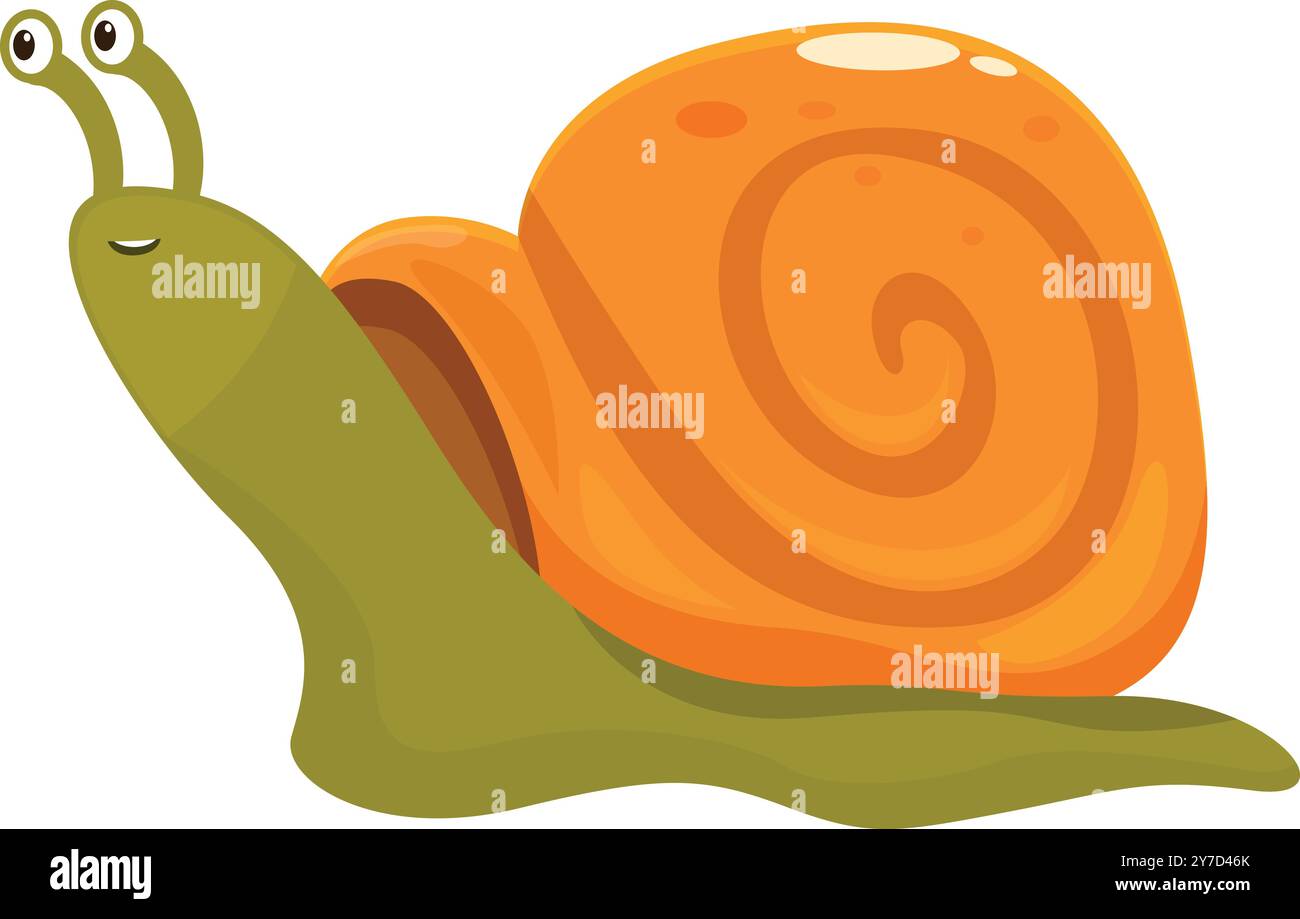 Cartoon snail with an orange shell is crawling along a white background ...