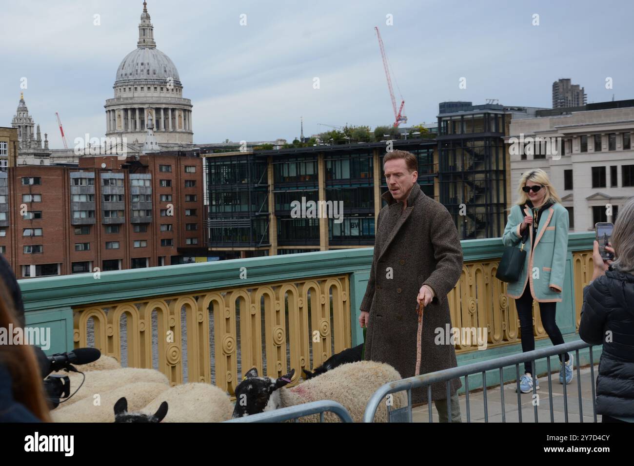 Damian Lewis shepherds sheep across Southwark Bridge in London as a ...
