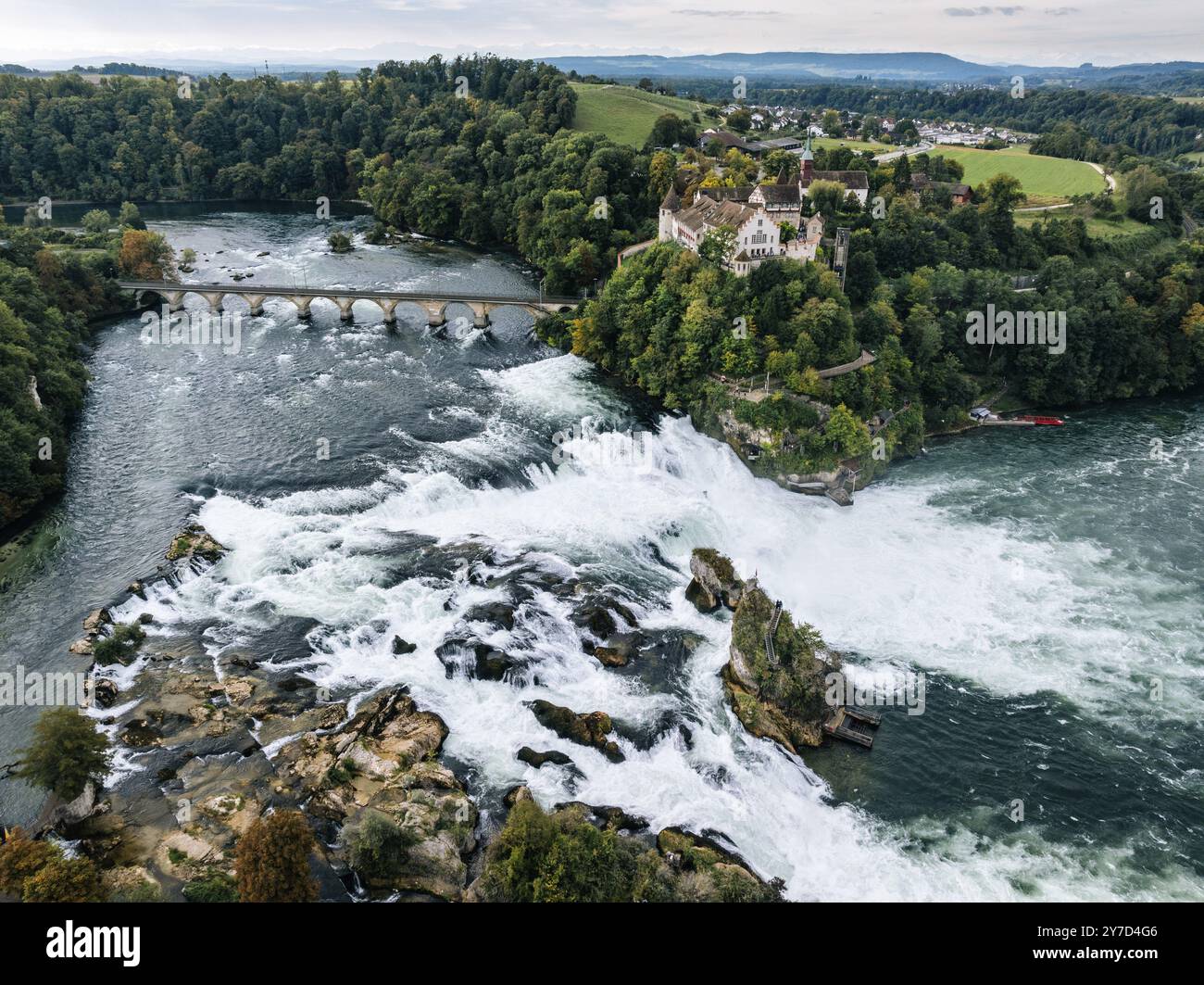 Aerial view of the Rhine Falls with railway viaduct and Laufen Castle ...