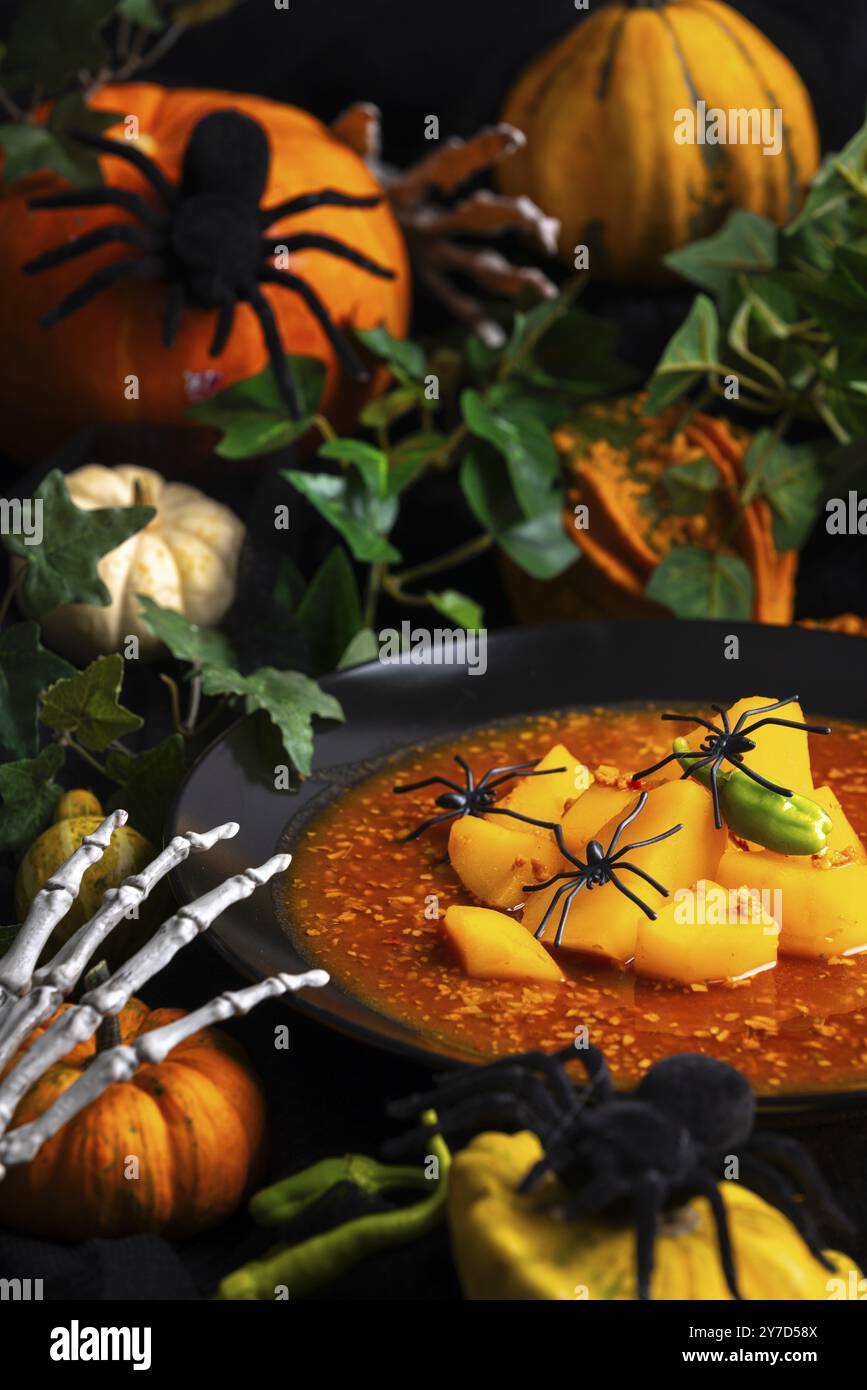 Halloween still life, goulash decorated with artificial spiders ...