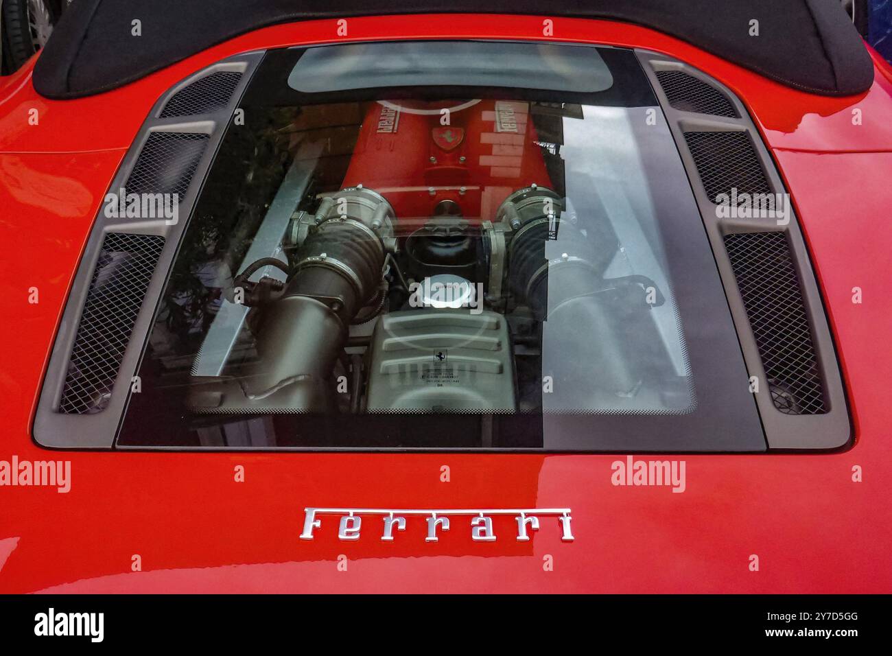 View of transparent bonnet and engine of sports car Ferrari F 430 F430 ...