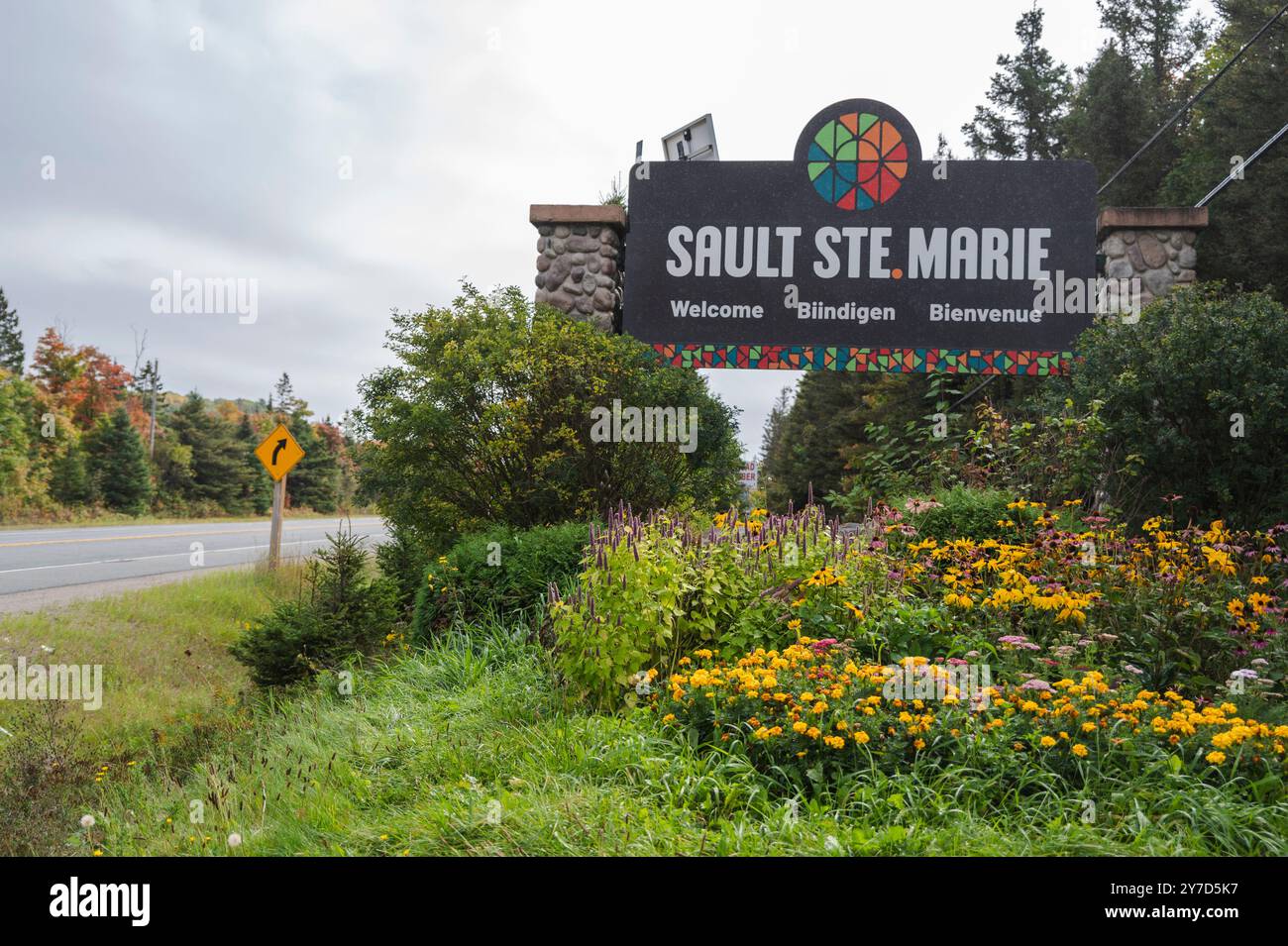 City of Sault Ste Marie Welcome Sign with Beautiful Flowers in Front on ...