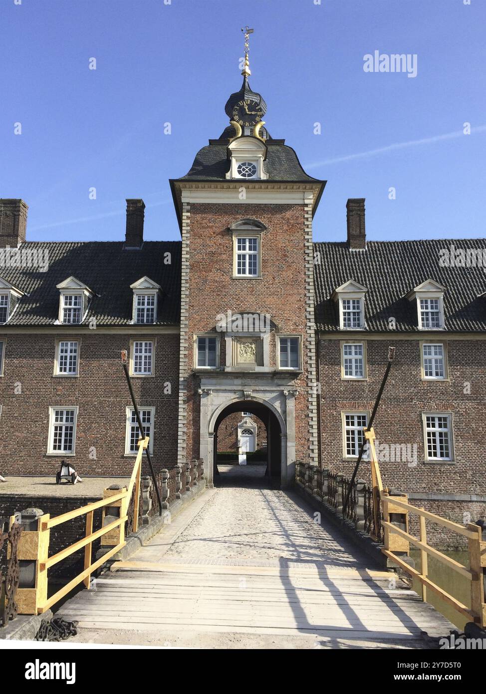 Portal tower with entrance gate on west side of historic moated castle moated castle Schloss ...