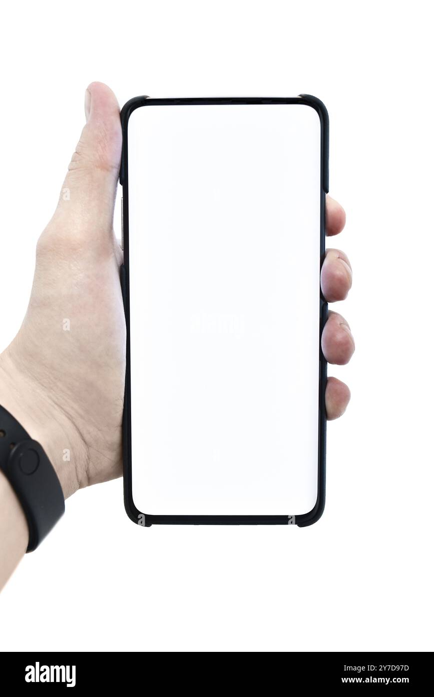 Mobile smartphone with a white display with a white background and copy ...