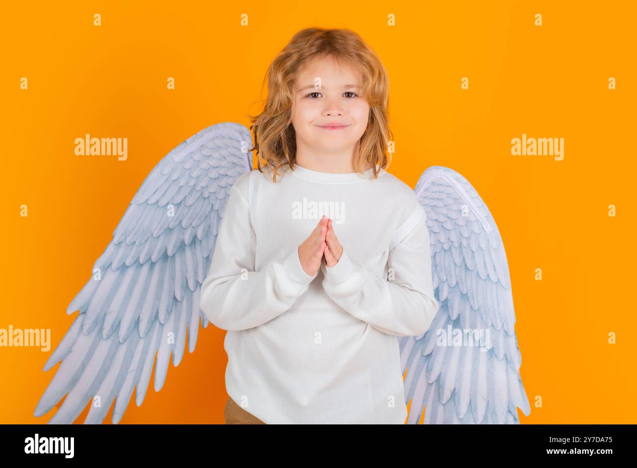 Kid wearing angel costume white dress and feather wings. Innocent child ...