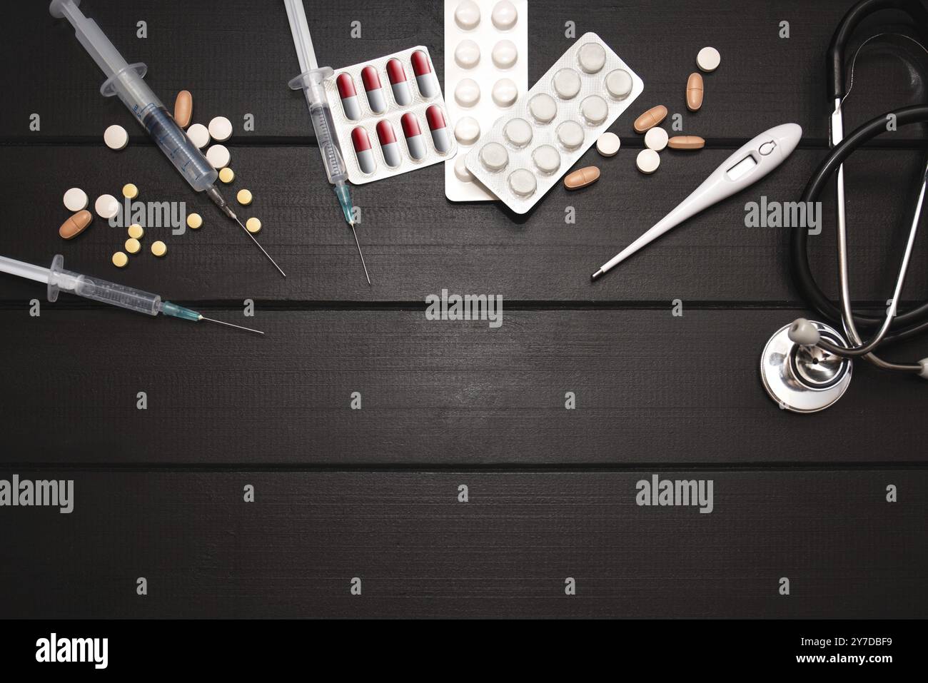 Medical Tools, Syringe and Colorful Drugs and Capsules Medicine Concept ...