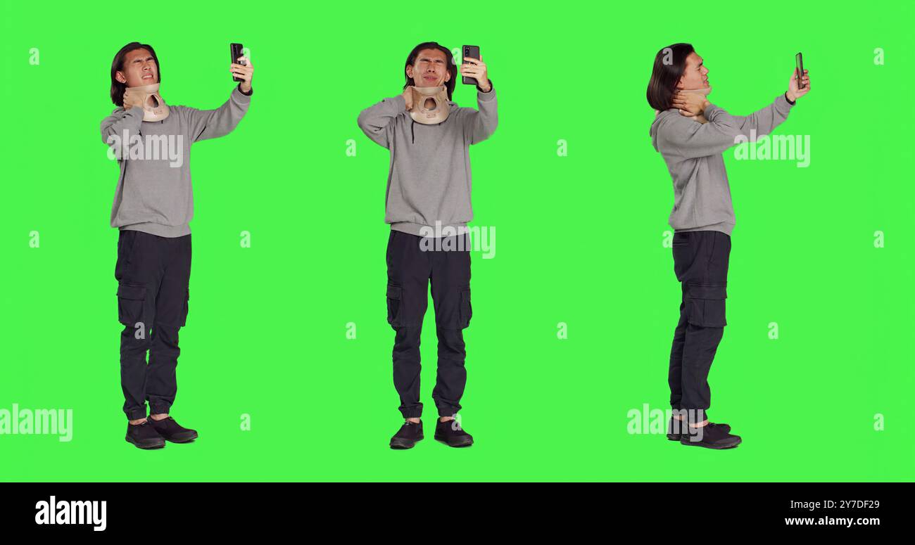 Guy having cervical neck brace makes phone call informing family about ...