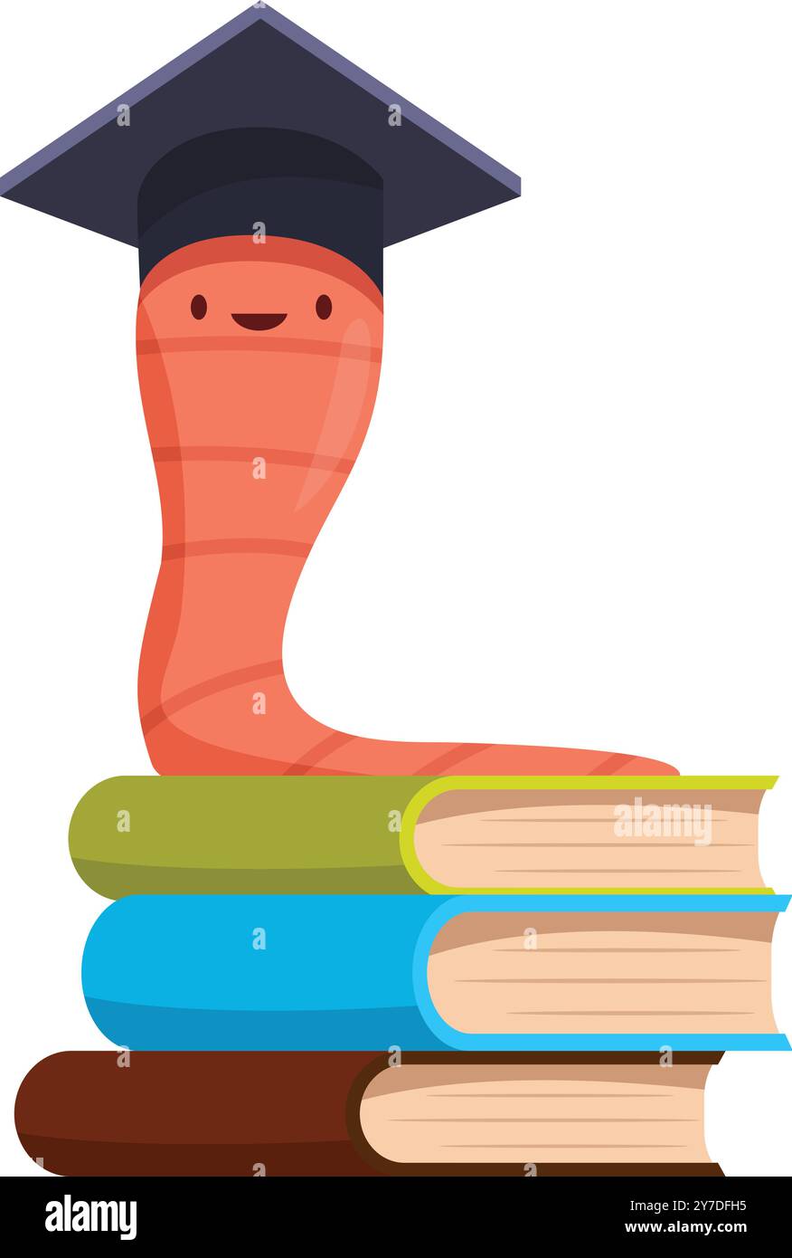 Smiling cartoon worm wearing a graduation hat is sitting on a stack of ...