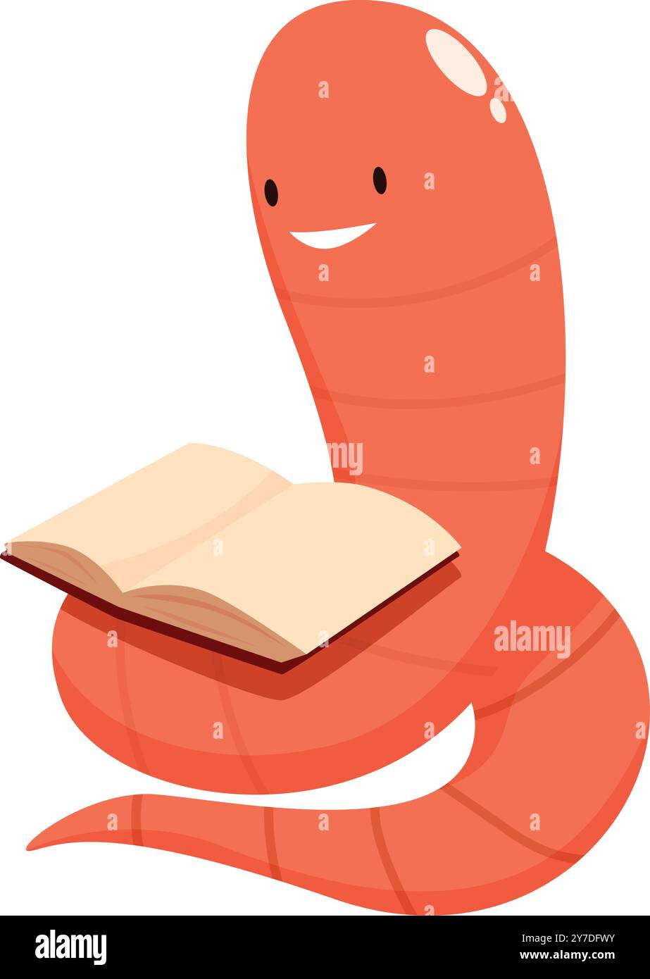 Happy cartoon worm is sitting and holding an open book, learning new ...