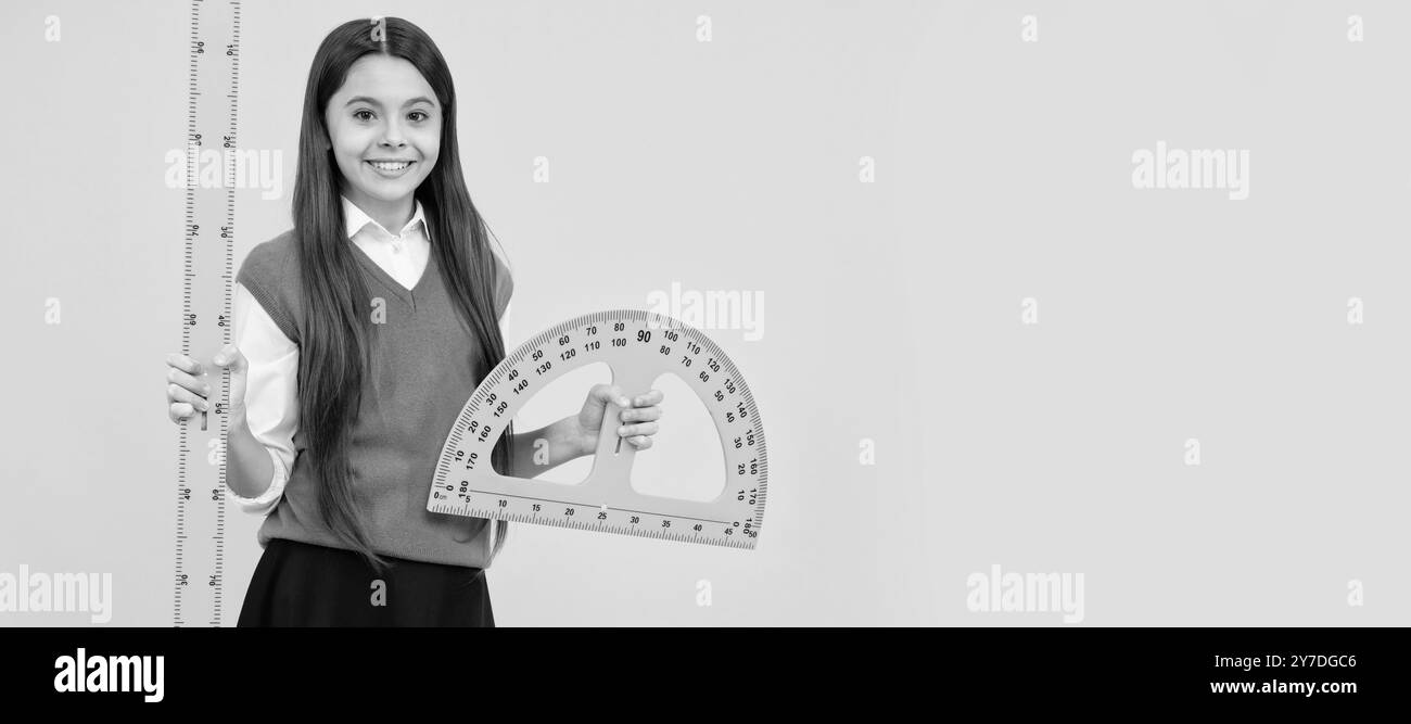 happy kid girl use protractor ruler to learn mathematics, measurement ...