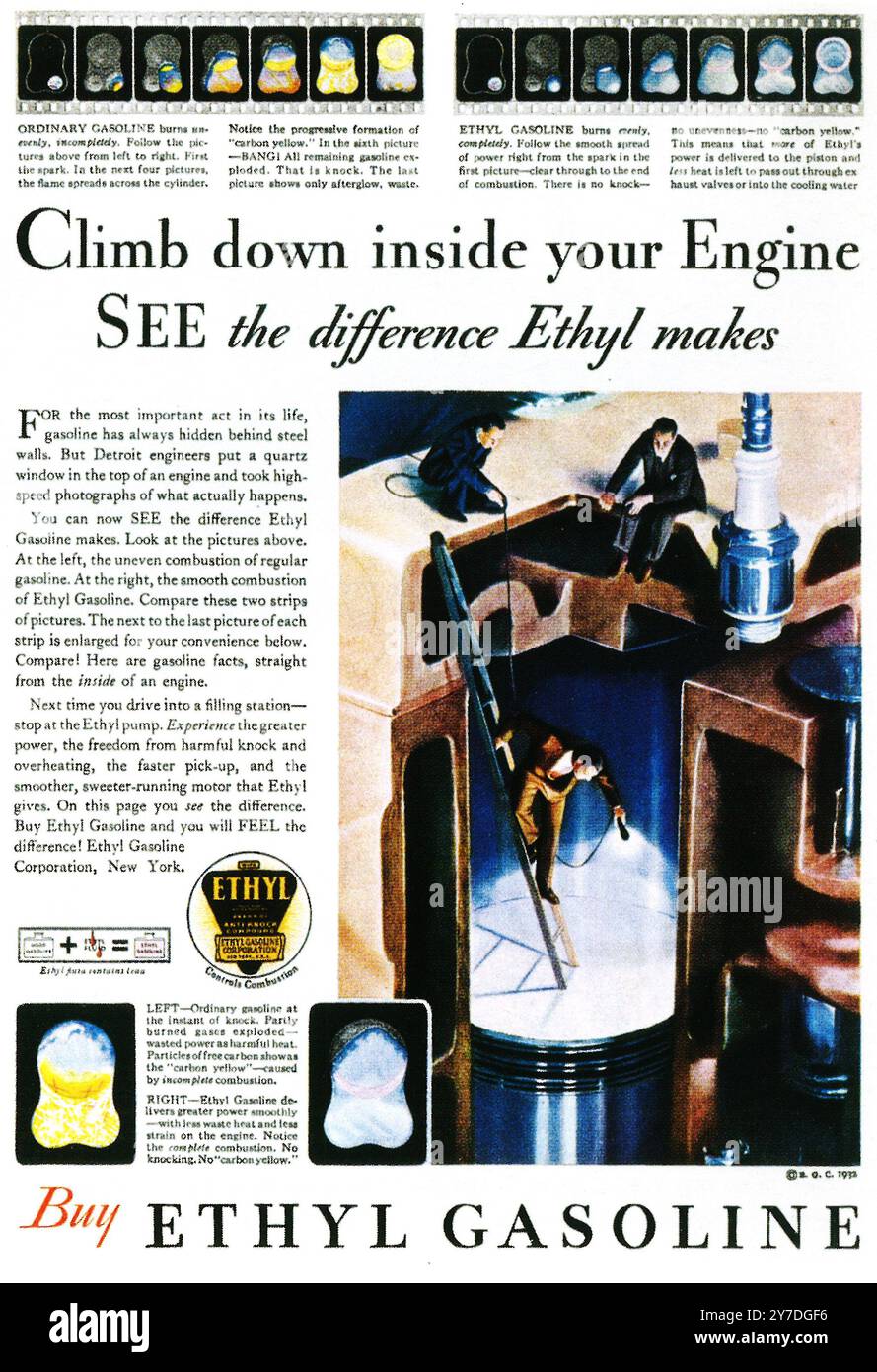 1932 Ethyl Gasoline Ad - "Climb down inside your engine Stock Photo - Alamy