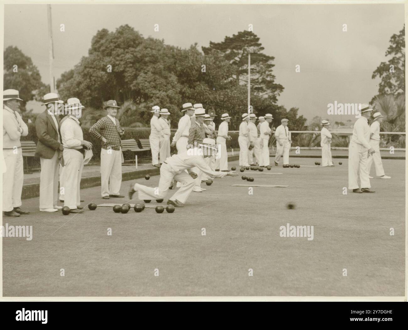 Country bowls, June 1937. Group of men in action at the greens. Vintage ...