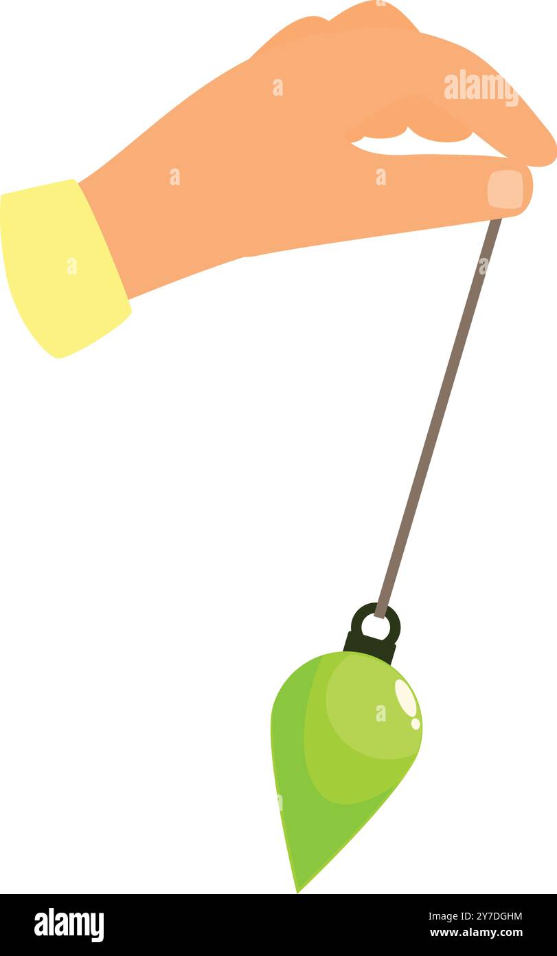 Hand is holding a green pendulum on a string, swinging it back and ...