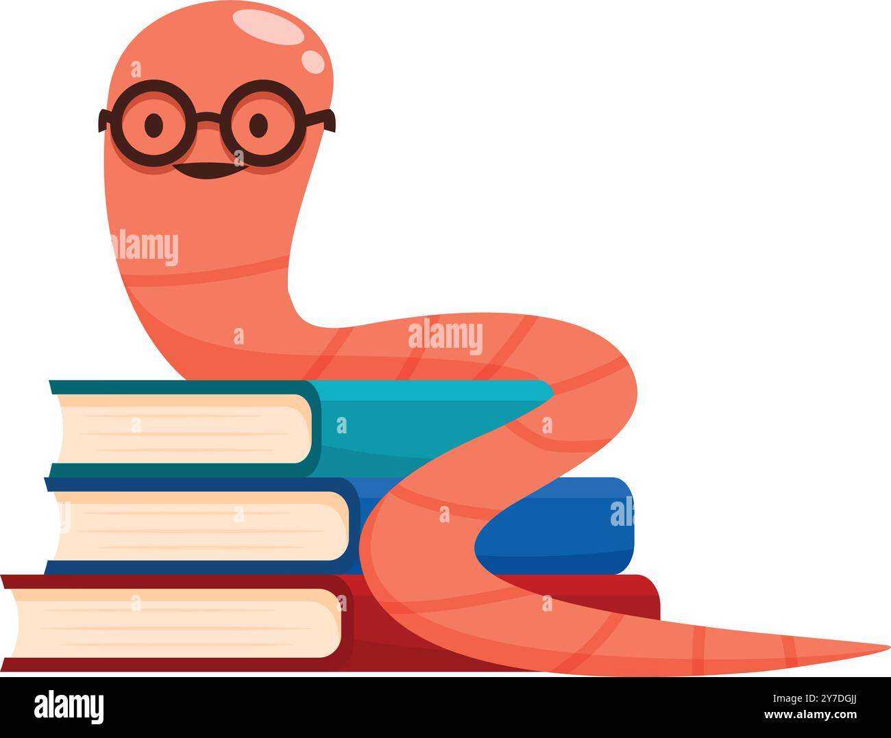 Cute pink worm wearing glasses is reading, lying on a stack of books ...