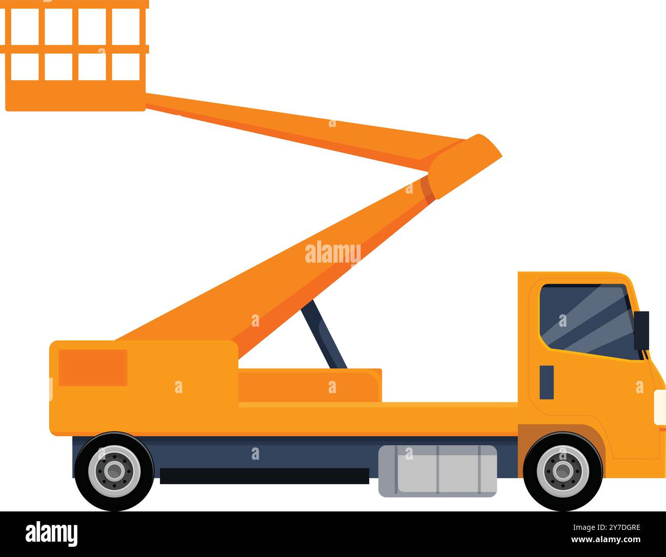Orange cherry picker truck extending its arm upwards on white ...