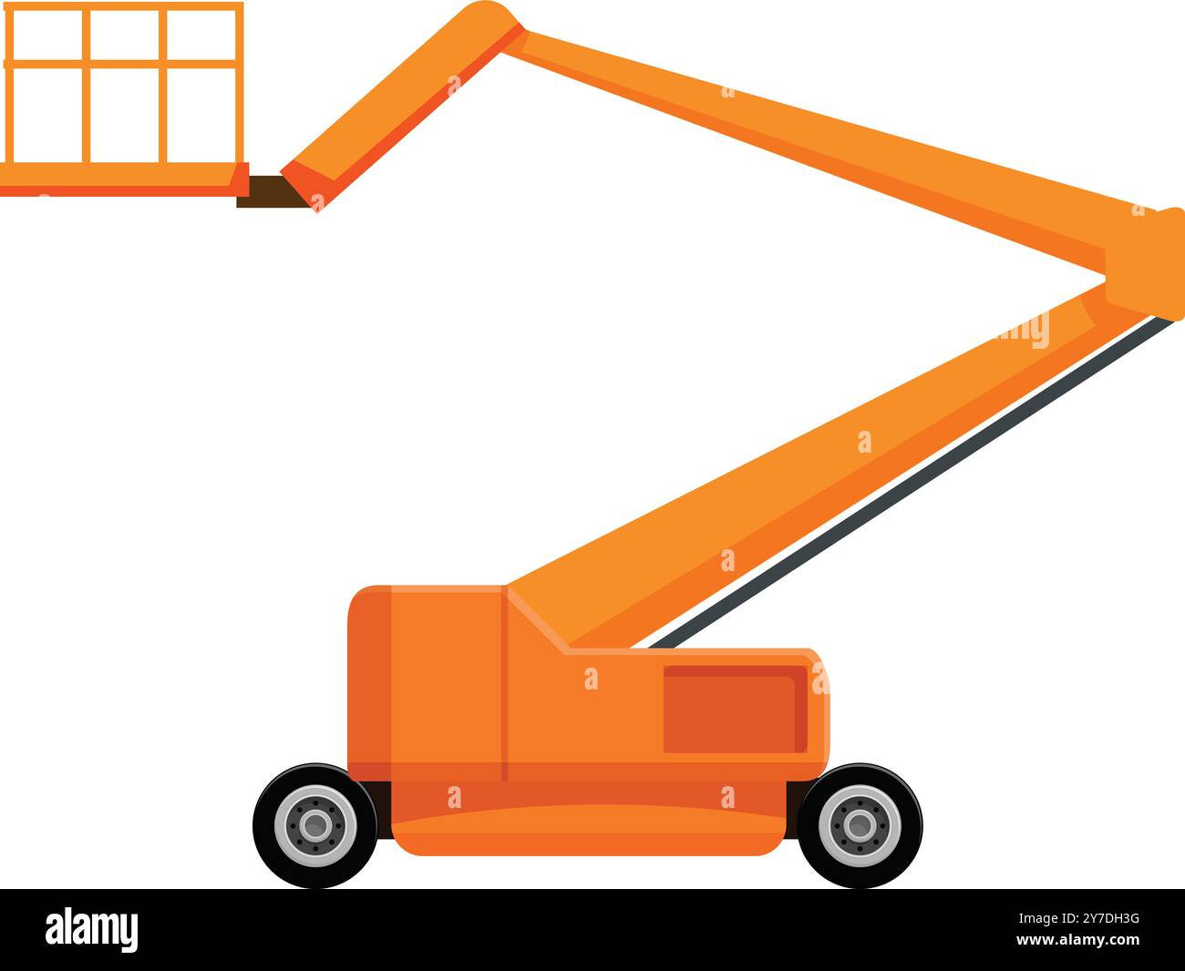 Orange telescopic boom lift with a basket extended is reaching high in ...