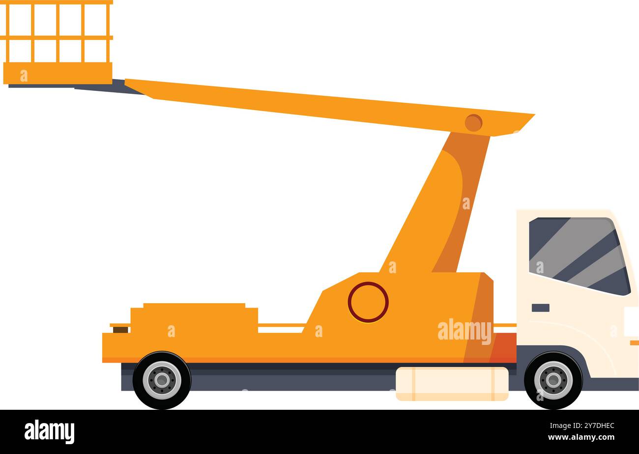 Yellow aerial work platform truck extending crane arm, side view Stock ...