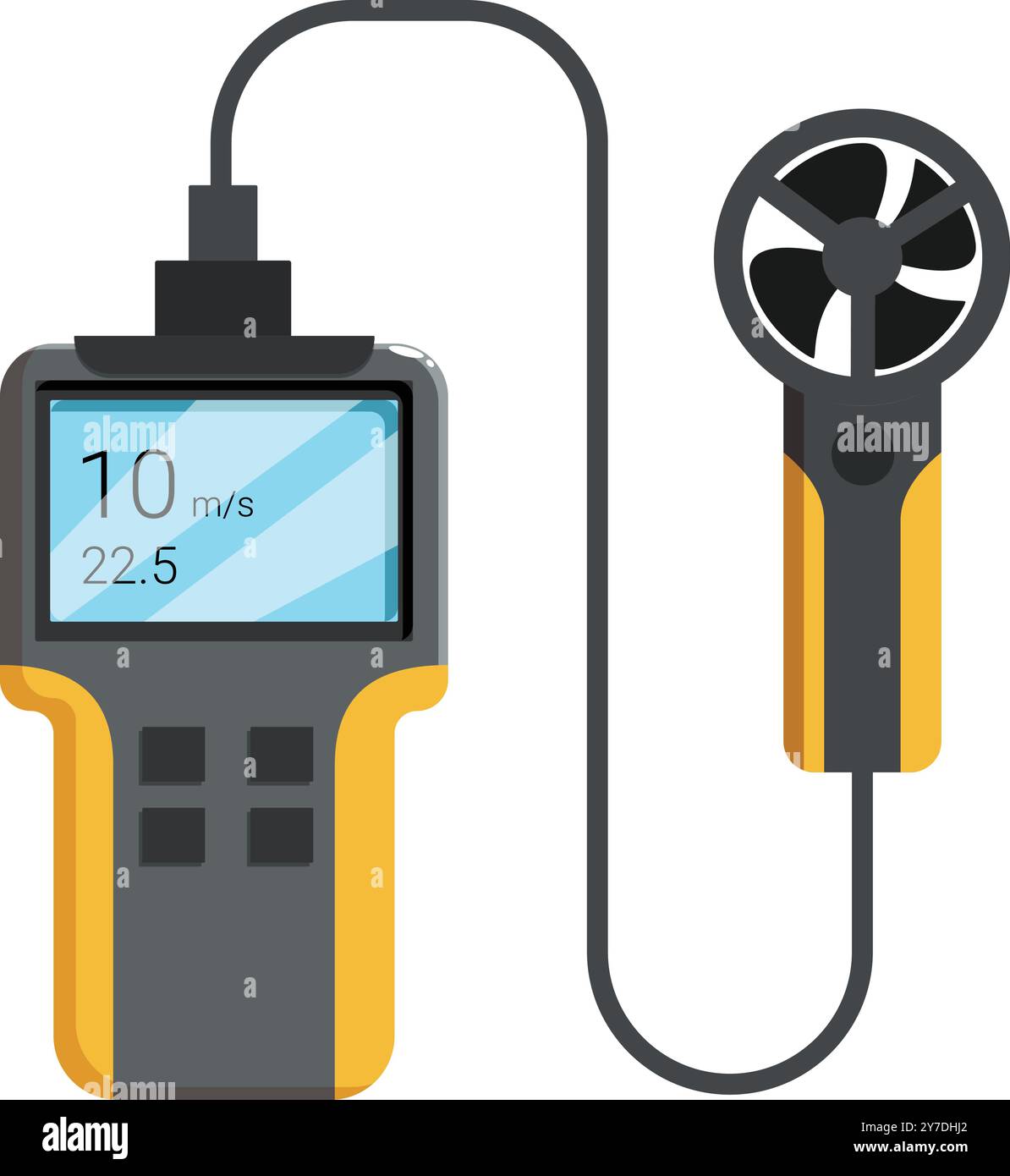 Digital anemometer measuring wind speed with display screen showing ...