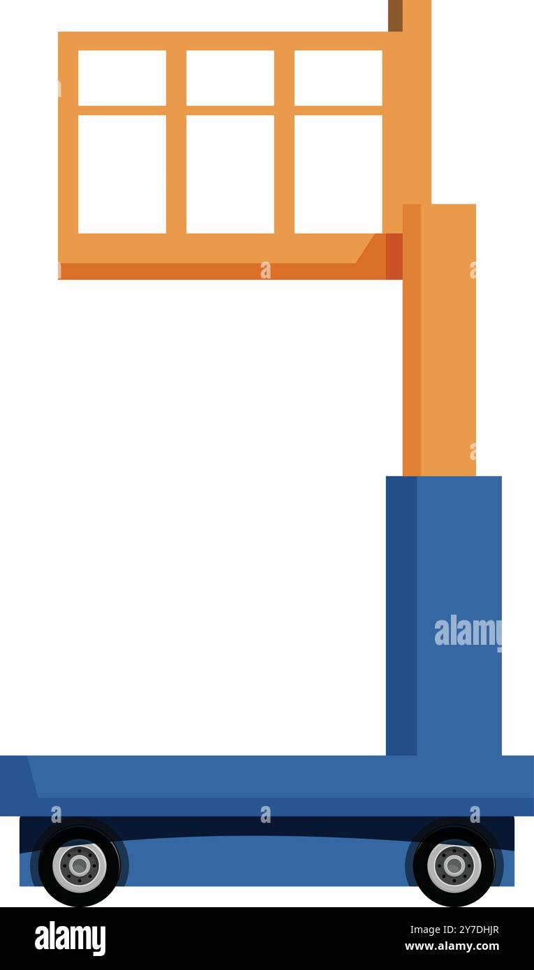 Blue scissor lift with lifting platform raised at an angle, isolated on ...
