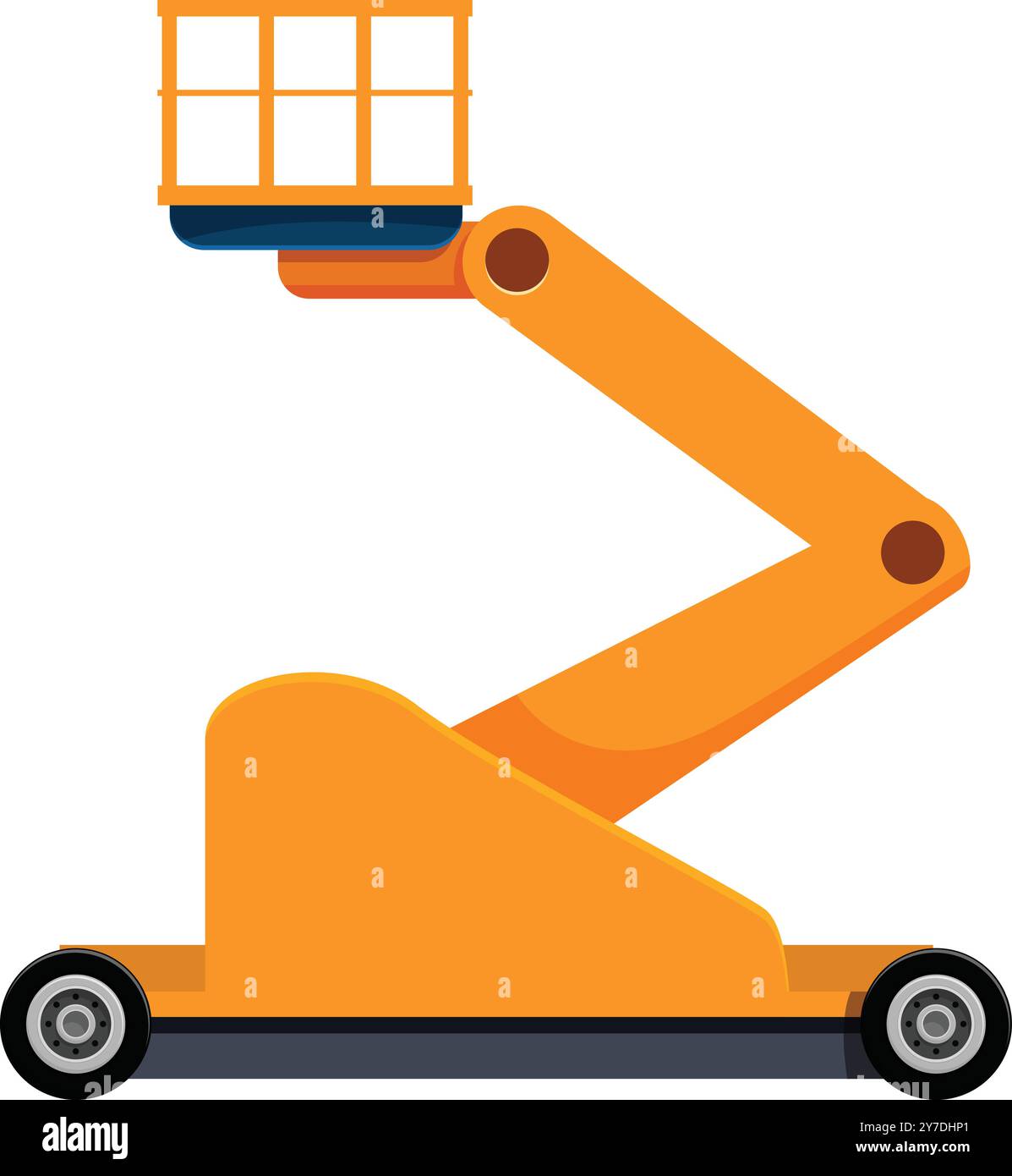Articulating boom lift with empty basket standing still on white ...