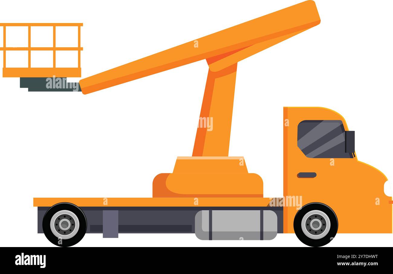 Orange cherry picker truck extending crane arm with empty basket on ...