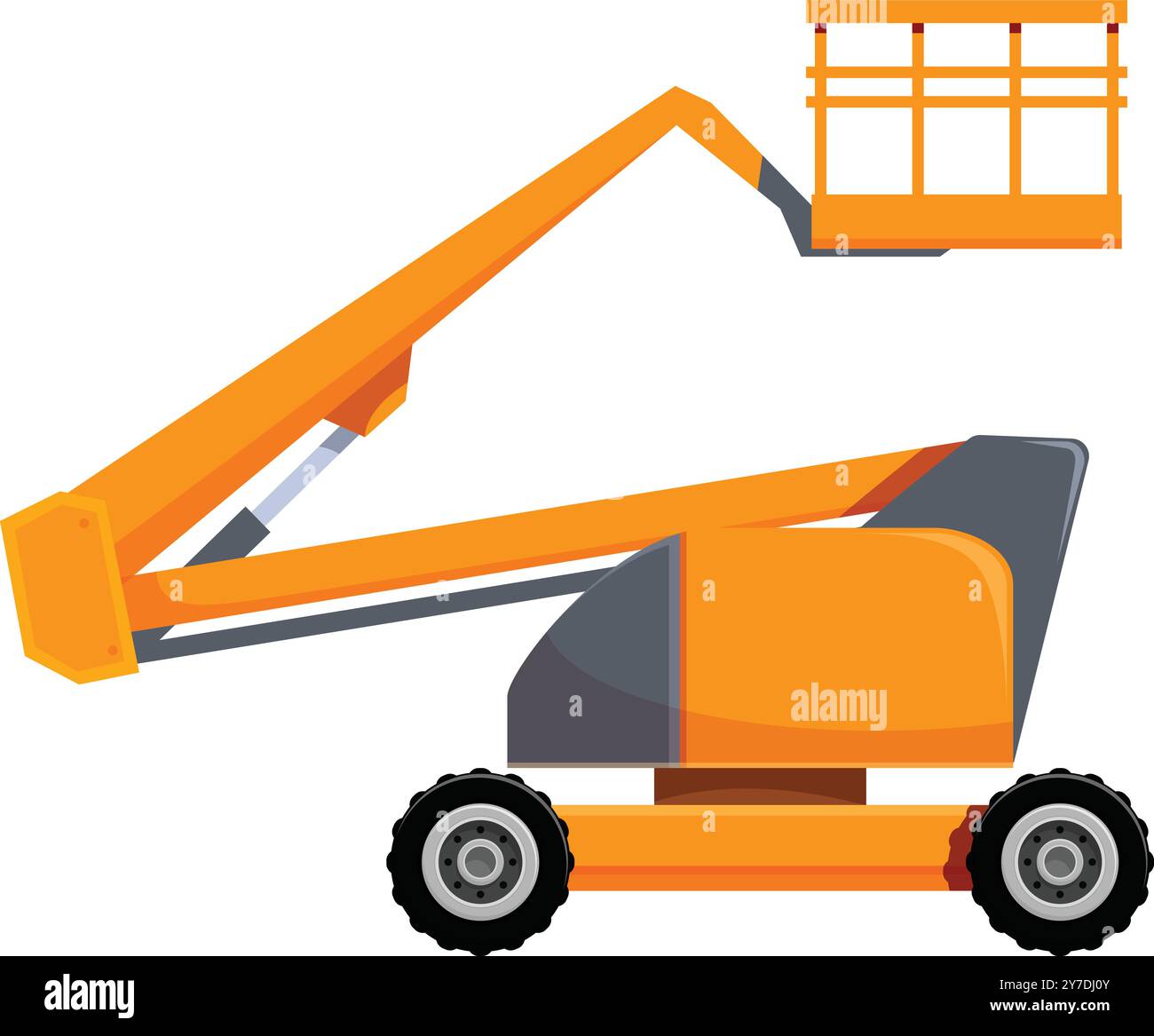 Orange articulated boom lift with an extended arm and a platform ...