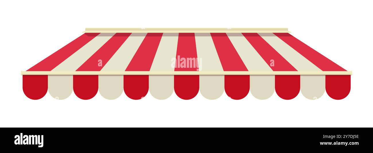 Striped shop canopy. Store or cafe sunshade awning. Red stripes on the canopy. Striped tent for ...