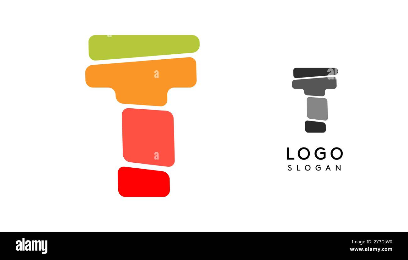 Bright colorful letter T, layers blocks like sandwich, stone balancing ...