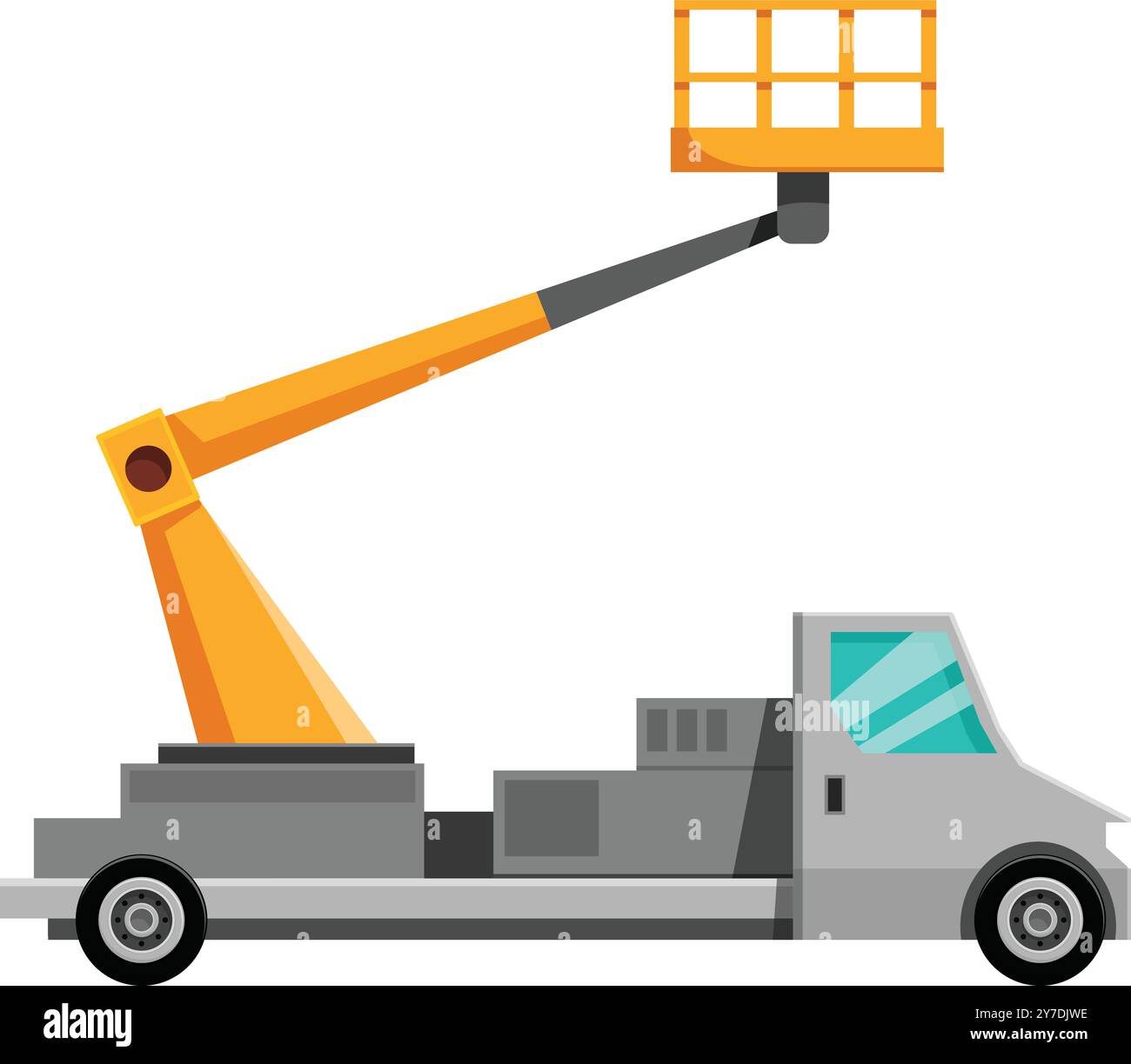Yellow cherry picker truck lifting its telescopic arm with empty basket ...