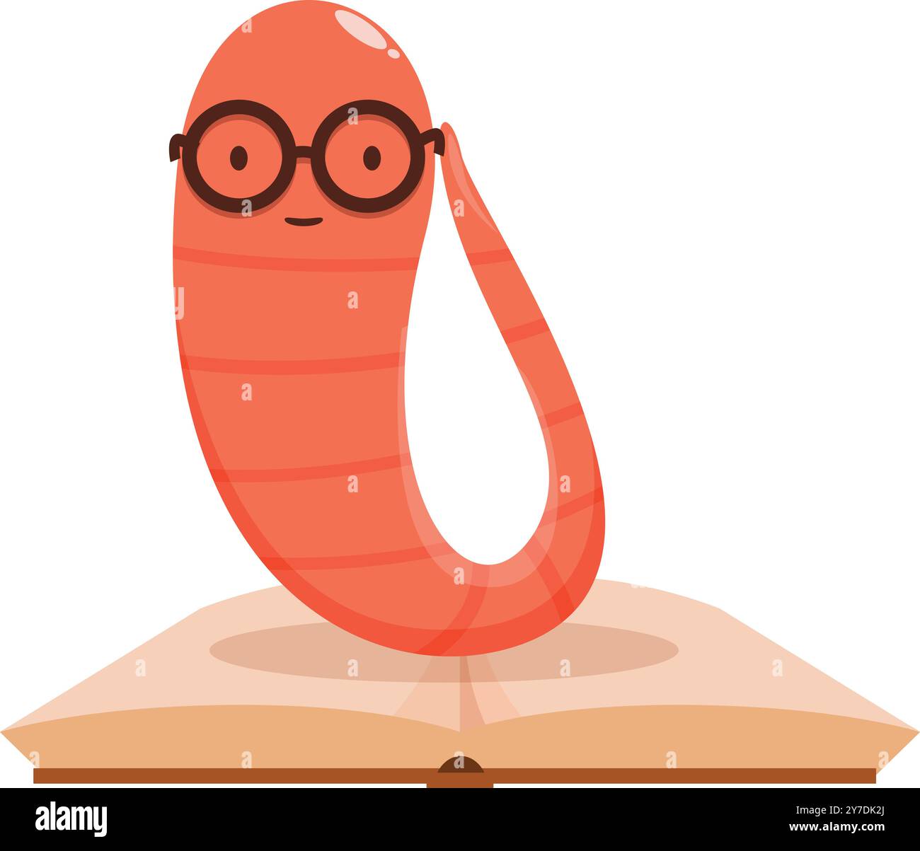 Smiling worm wearing glasses is reading a book, isolated on a white ...