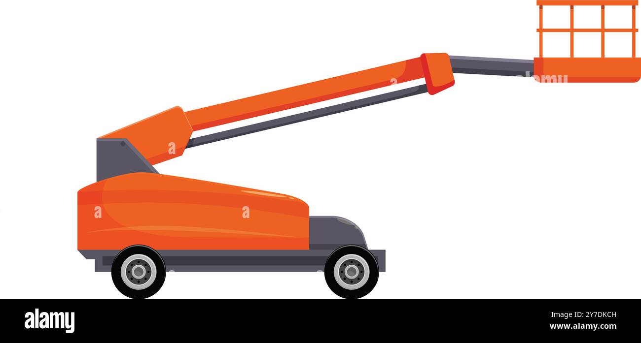 Orange telescopic boom lift with lowered extended platform, industrial ...