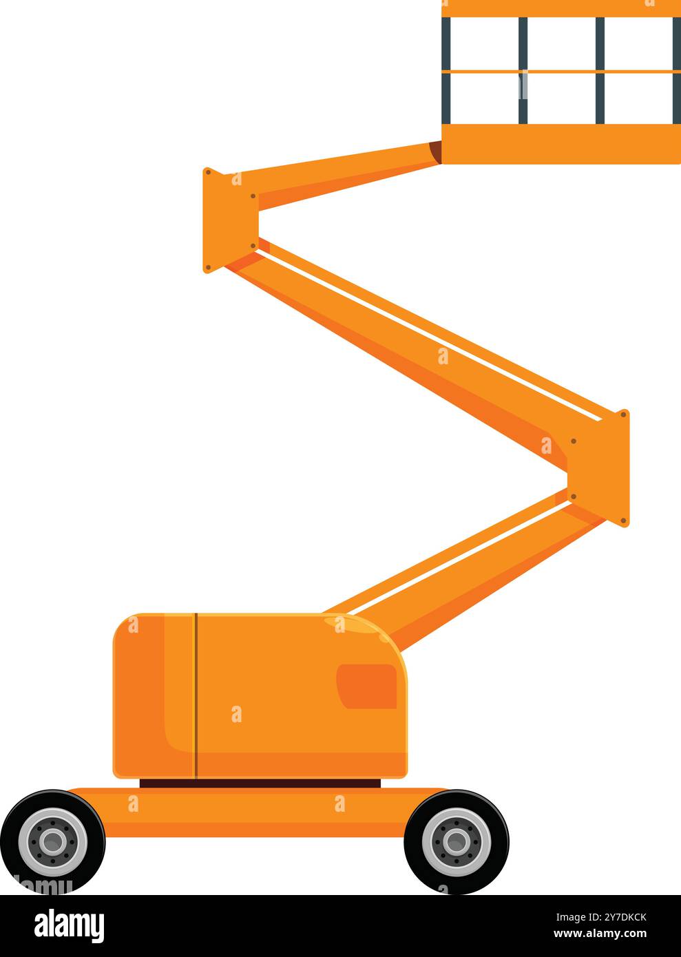 Yellow articulated boom lift extending its arm on wheels isolated on ...