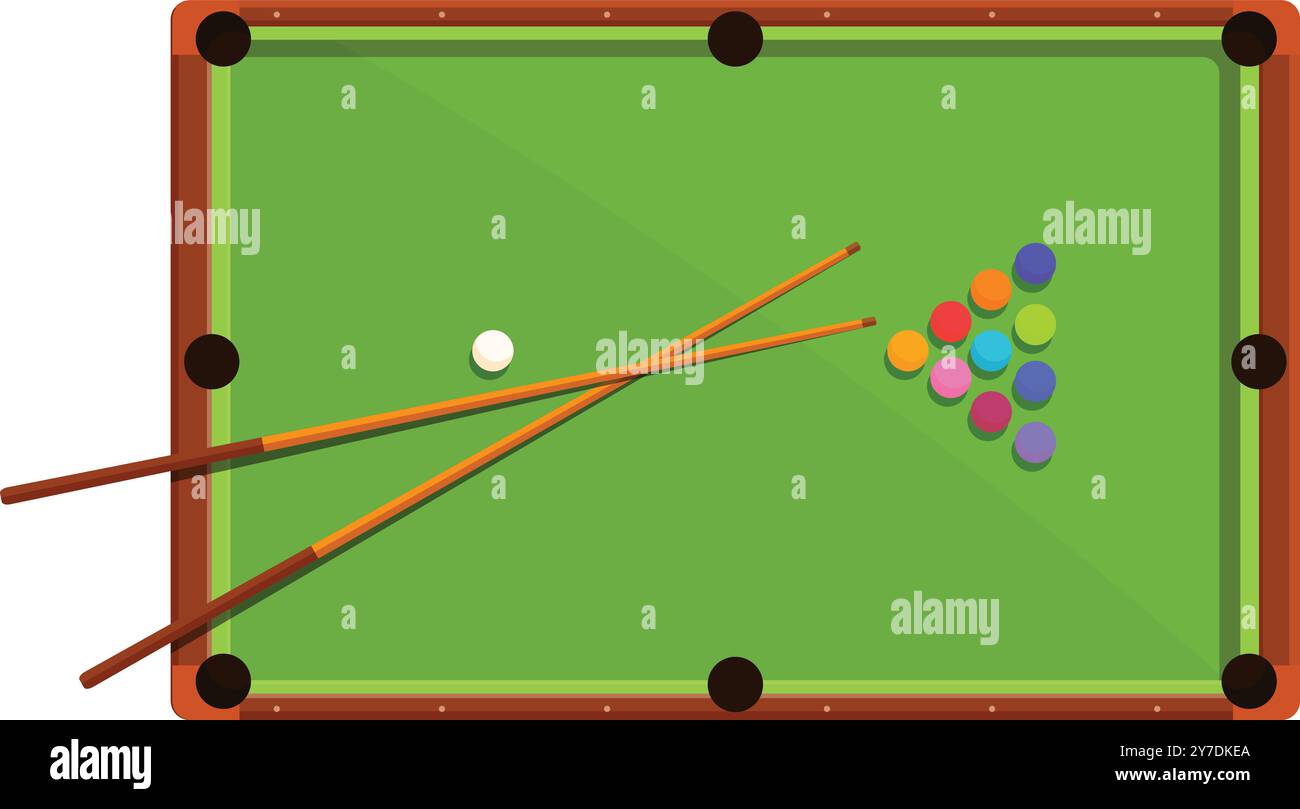 Top View Of A Green Pool Table With Balls And Cues Ready For Playing
