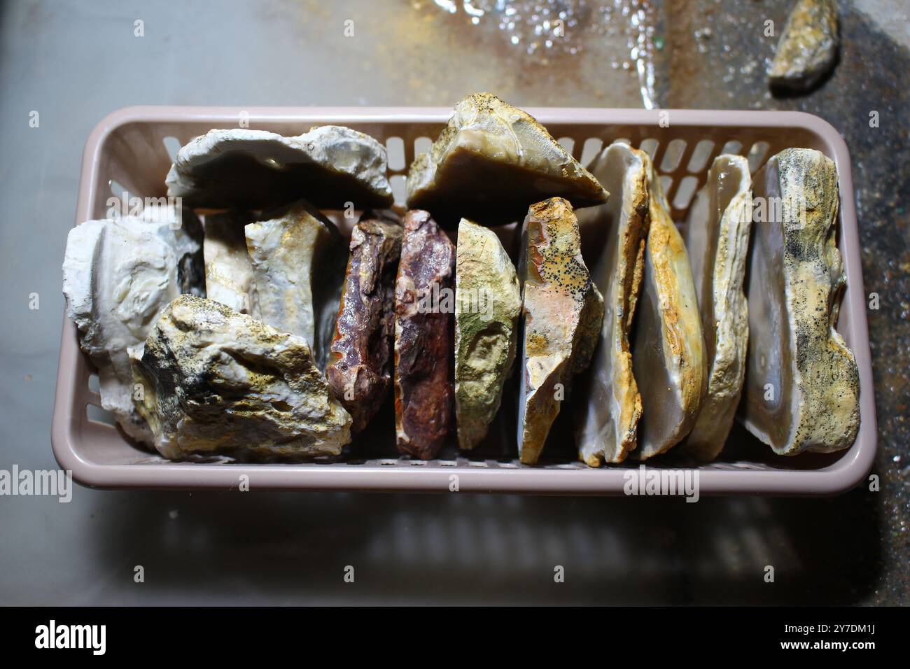 Collectible samples of stones after sawing with a diamond blade in a ...