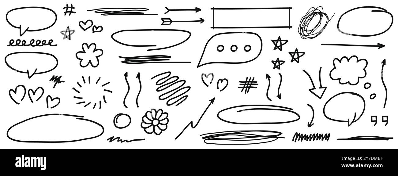 Hand drawn marker pen strokes doodle design elements, black on white ...