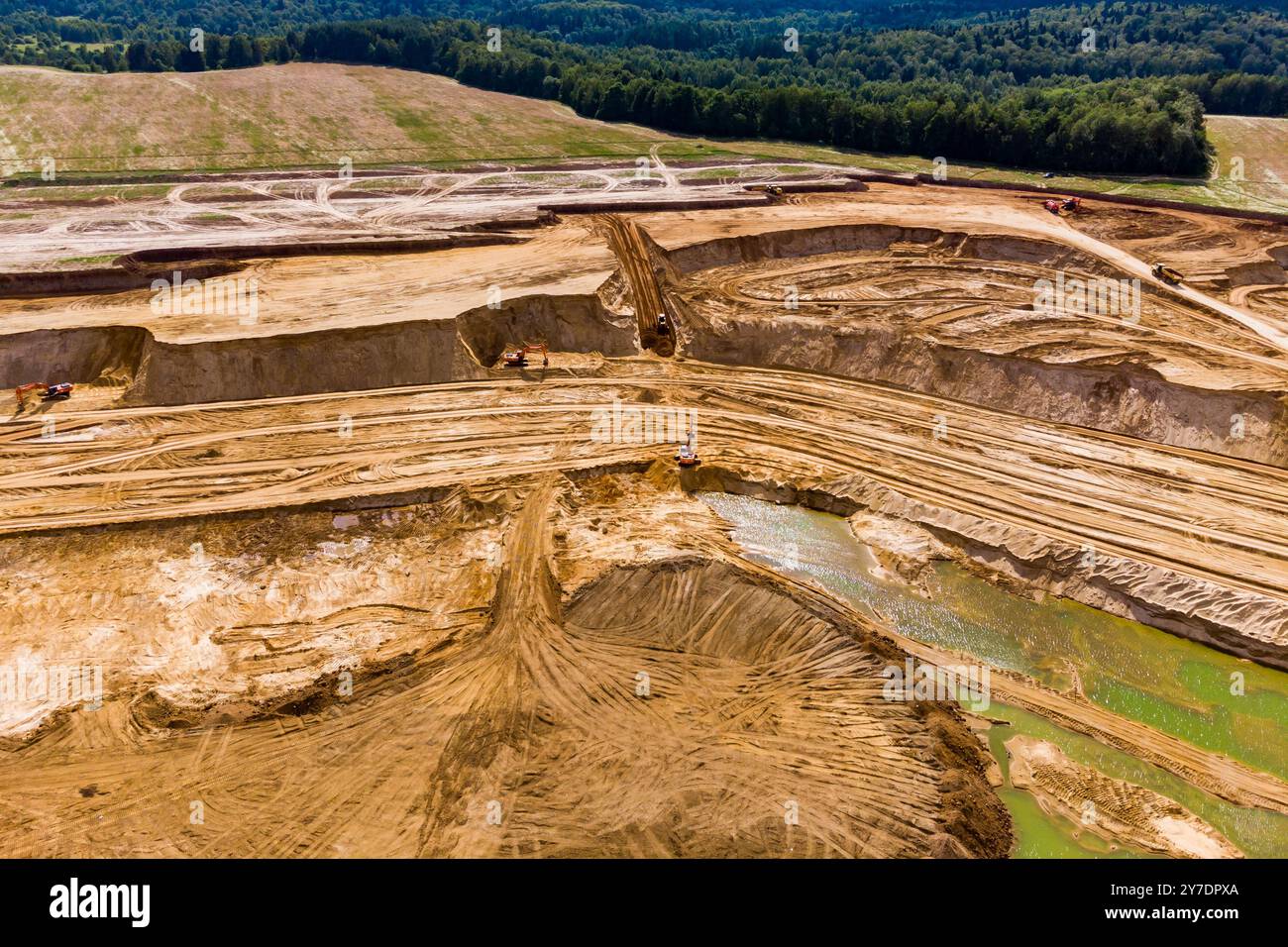 Aerial view of a large active sand quarry with working equipment Stock ...