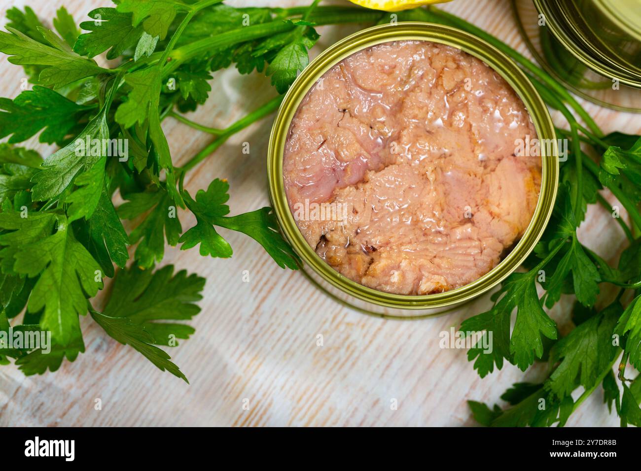 Open tin can of tuna in oil Stock Photo - Alamy