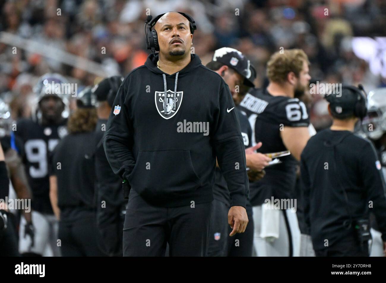 Las Vegas Raiders head coach Antonio Pierce looks on during the second half of an NFL football ...